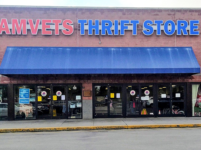 The unassuming brick facade of AMVETS hides a universe of treasures within, like a Vegas casino disguised as a public library.