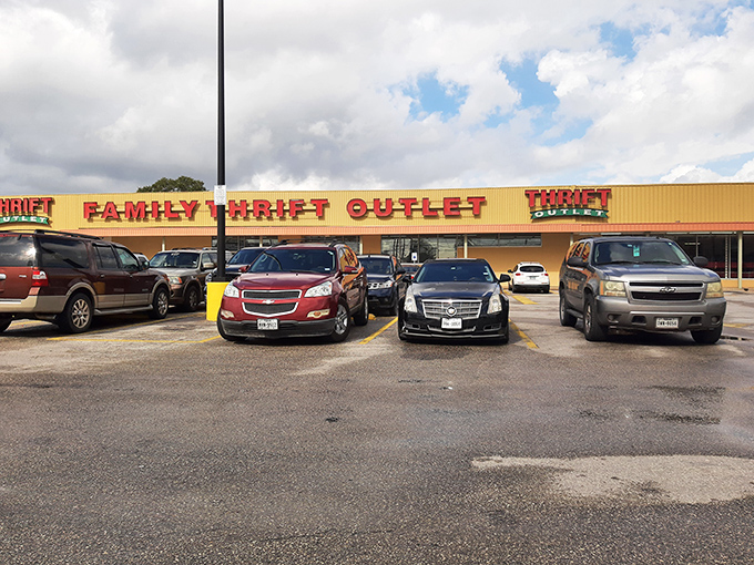 The golden facade of Family Thrift Center Outlet stands like a beacon of bargain hope along Houston's Little York Road.