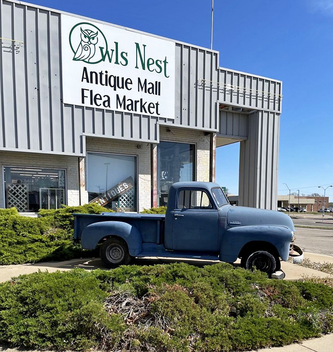 The unassuming exterior of Owls Nest hides a universe of treasures within, like finding a portal to the past behind that classic blue pickup truck.