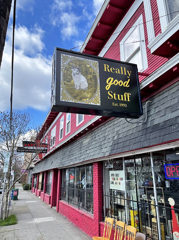 The crimson facade of Really Good Stuff beckons like a vintage siren, complete with classic red wagon and nostalgic storefront charm that screams "treasures inside!"