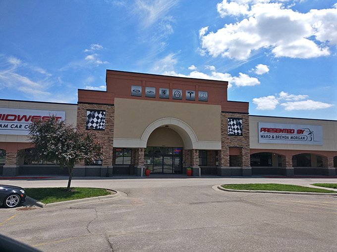 The Midwest Dream Car Collection's exterior promises automotive treasures inside, like finding a jewelry box filled with mechanical diamonds in the heart of Kansas. 