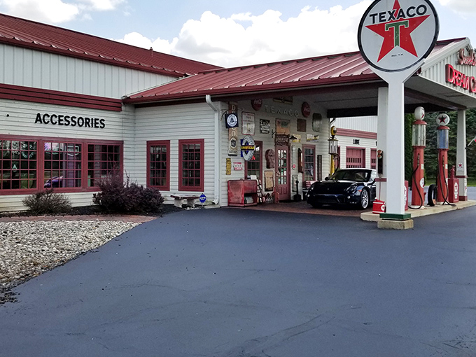 Step back in time at Snook's Dream Cars, where that iconic Texaco sign promises automotive treasures more valuable than the gasoline it once advertised.