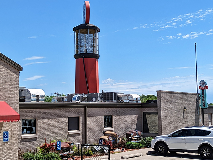 The giant vintage gas pump tower stands like a beacon for car lovers, welcoming visitors to this Route 66 treasure in Sapulpa.