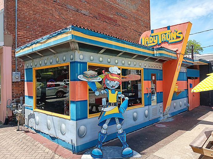 Lady Tron's exterior is a retro-futuristic fever dream come to life, where the building itself serves as the first course of your cosmic dining adventure.