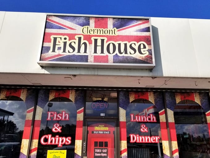 The Union Jack beckons from Clermont's strip mall landscape, promising a taste of Britain that feels delightfully out of place yet perfectly at home.