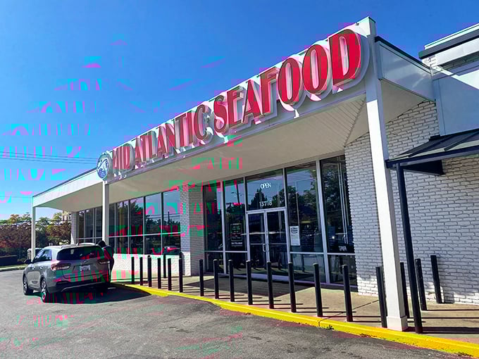The white brick exterior with its bold red sign is like a lighthouse for hungry seafood lovers navigating Route 1's culinary waters.