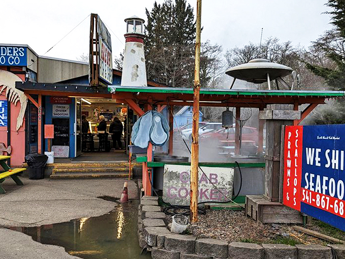 The iconic blue exterior of South Beach Fish Market calls to seafood lovers like a lighthouse to ships. Fish art that means business!