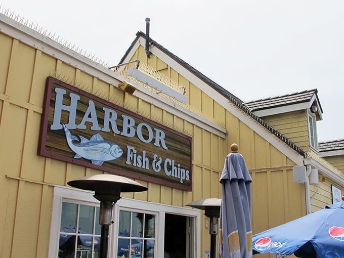 The bright blue awning of Harbor Fish & Chips stands as a beacon for seafood lovers, promising simple pleasures done right in Oceanside Harbor.
