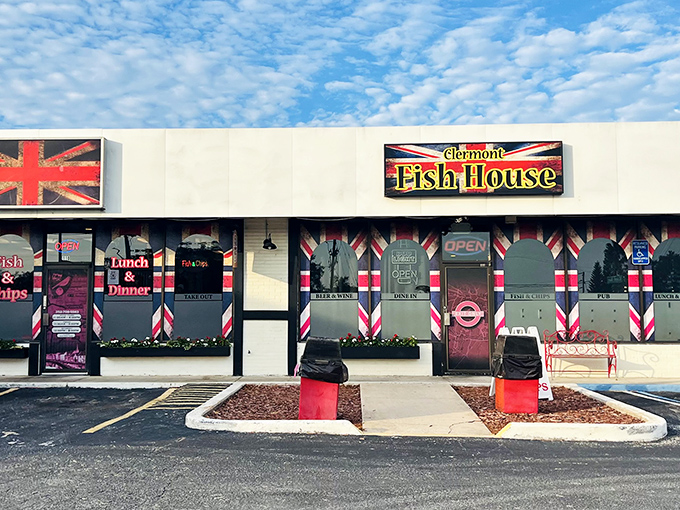 The Union Jack beckons from Clermont's strip mall landscape, promising a taste of Britain that feels delightfully out of place yet perfectly at home.