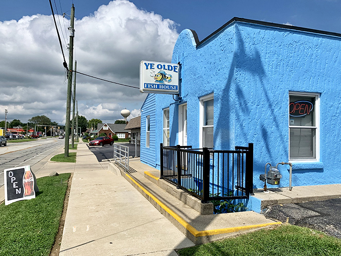 That iconic blue exterior isn't just eye-catching&mdash;it's practically a lighthouse guiding hungry travelers to seafood paradise in landlocked Indiana.