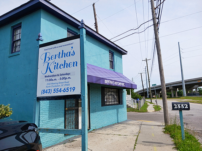 The unmistakable turquoise beacon of Bertha's Kitchen stands proudly on Meeting Street, promising soul food salvation to those wise enough to stop.