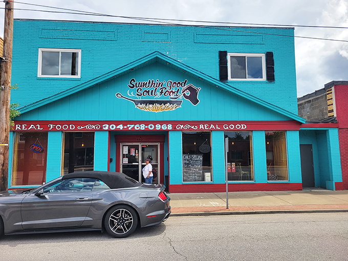That turquoise facade isn't just eye-catching&mdash;it's a beacon of culinary promise on MacCorkle Avenue. Soul food paradise awaits!