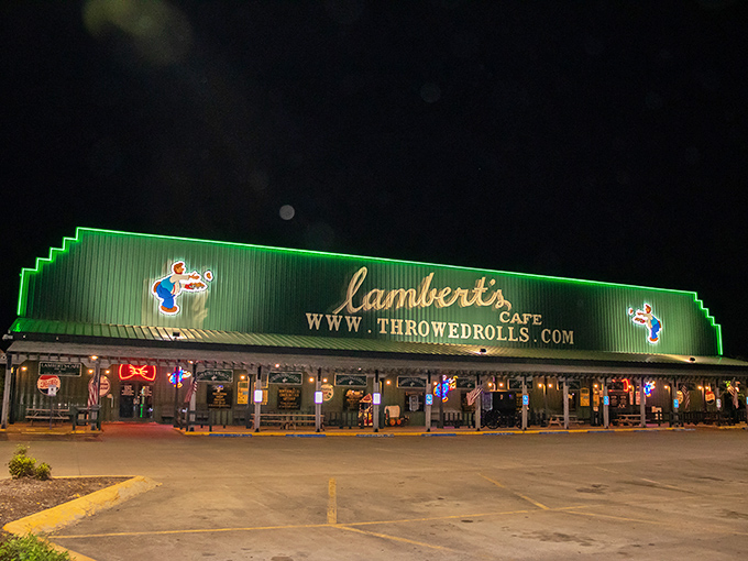 The iconic green exterior of Lambert's Caf&eacute; stands proud in Sikeston, complete with American flags and a promise of throwed rolls that's visible from the highway. 