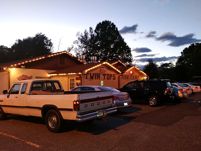 The unassuming exterior of Twin Tops Fish Camp stands as a beacon to seafood lovers. No fancy frills needed when the food inside speaks volumes.