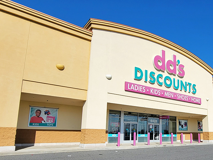 The iconic pink and teal signage of dd's DISCOUNTS stands out like a beacon of bargain hope against the Delaware sky.