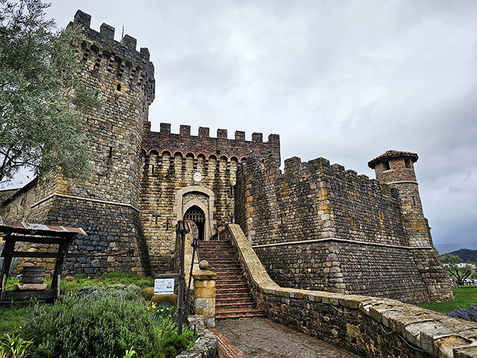 The castle's imposing entrance, complete with menacing gargoyle guardian, makes Disney's Cinderella Castle look like a starter home. Medieval intimidation meets California sunshine.