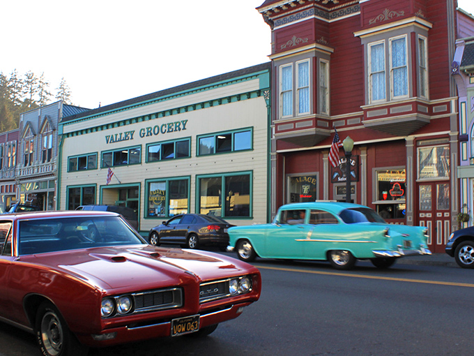 Classic cars and Victorian storefronts create a time-travel tableau on Ferndale's Main Street. Even the Valley Grocery looks like it belongs in a period film.