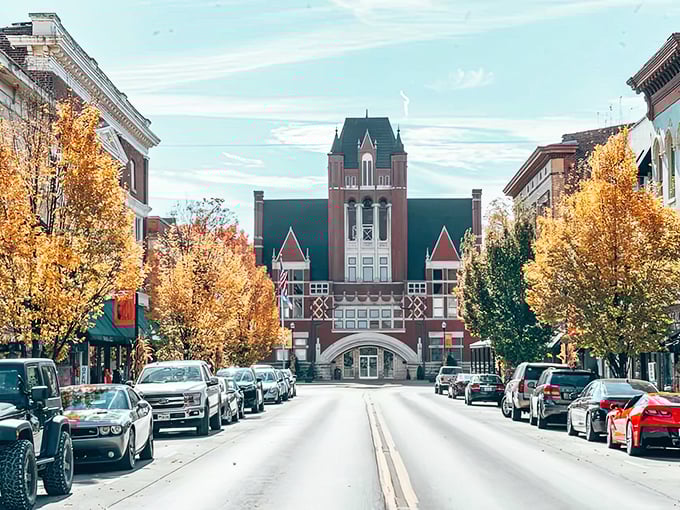 Bardstown's courthouse stands like a Victorian sentinel watching over the town square, its brick fa&ccedil;ade glowing warm in the golden hour light.