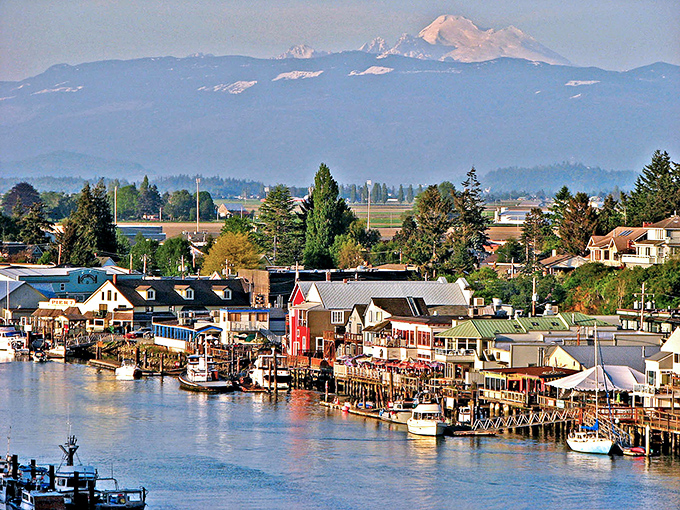 Historic brick buildings line La Conner's main street, where shopping is less retail therapy and more small-town charm therapy.