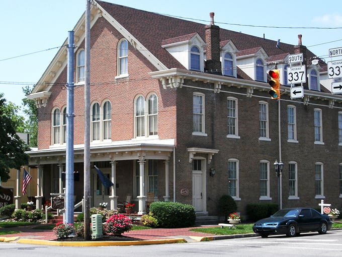 Downtown Corydon's brick buildings stand as living witnesses to Indiana history, where modern businesses thrive within walls that have stories to tell.