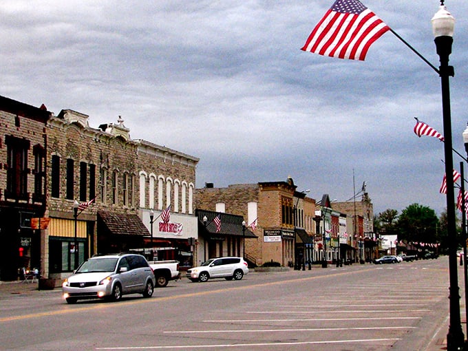 Historic limestone and brick buildings line Wamego's charming main street, where small-town America meets Emerald City dreams.