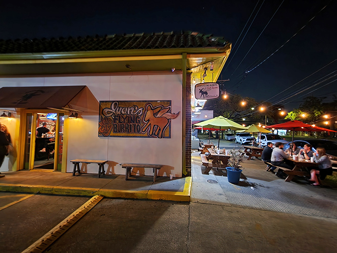 The neon glow of Juan's Flying Burrito beckons hungry travelers like a lighthouse for the flavor-starved. Outdoor seating perfect for people-watching on warm New Orleans evenings.