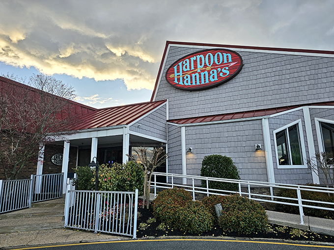 The coastal charm hits you before the first bite. Harpoon Hanna's gray-shingled exterior promises seafood treasures within, standing proudly against Delaware skies.