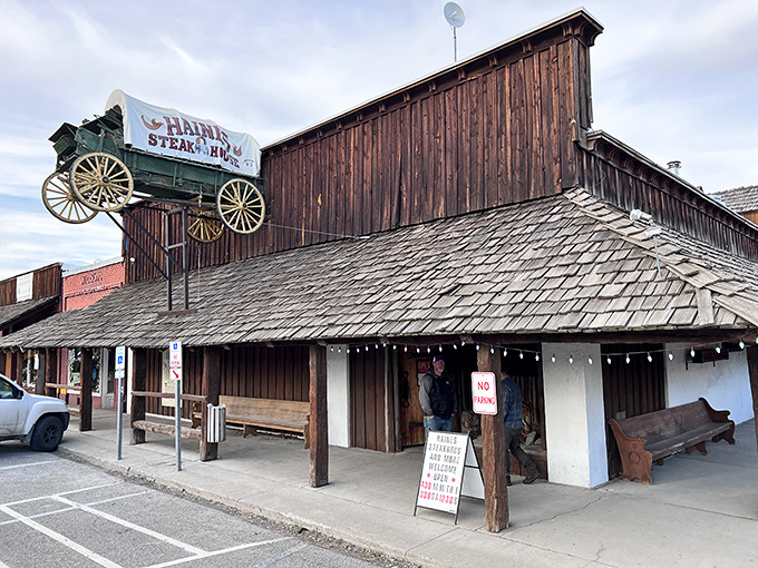 The iconic stagecoach sign perched atop Haines Steak House announces your arrival to beef paradise, standing proudly against the Eastern Oregon sky.