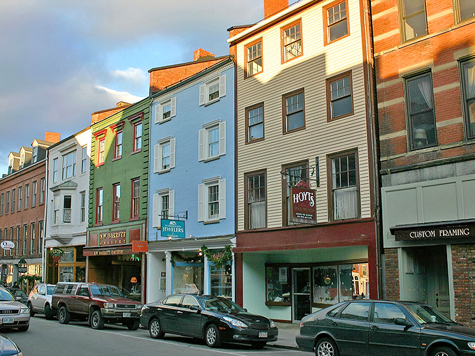 Portsmouth's colorful Market Street buildings stand like a box of New England crayons, each one housing shops and stories collected over centuries.