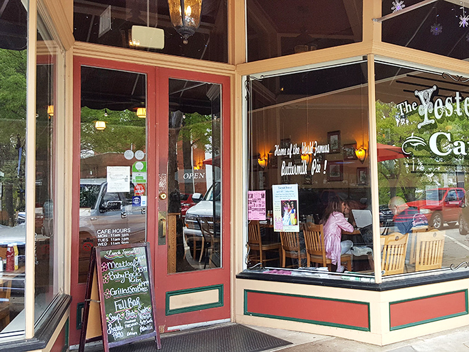 The red-trimmed entrance of The Yesterday Cafe beckons like an old friend, promising comfort food and conversations that linger longer than dessert.