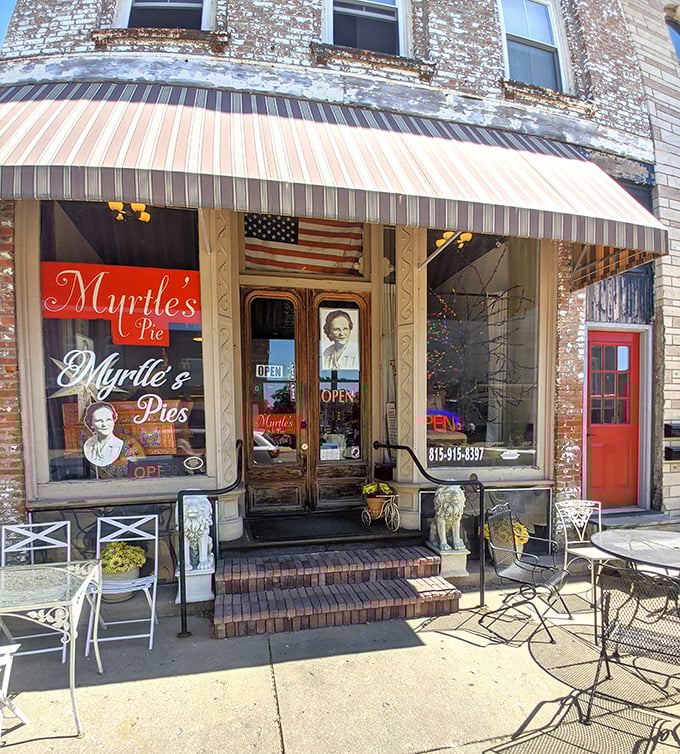 The storefront that launched a thousand pie pilgrimages. Myrtle's charming exterior with its striped awning promises sweet treasures within.
