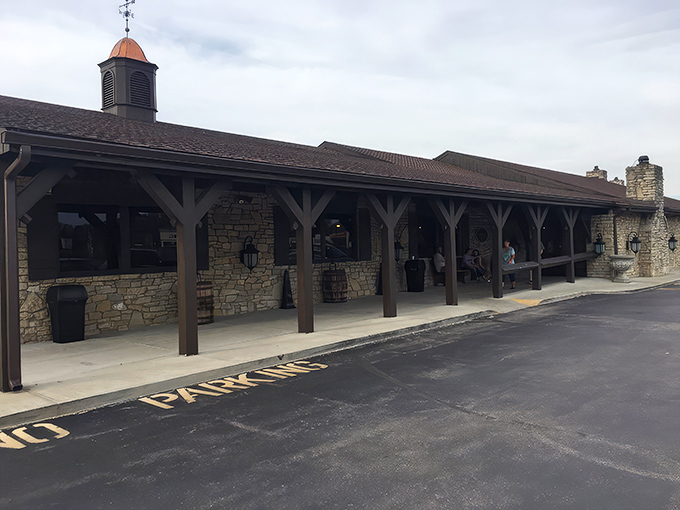 The stone facade of Gray Brothers Cafeteria stands like a comfort food fortress in Mooresville, promising Hoosier hospitality before you even walk through the door.