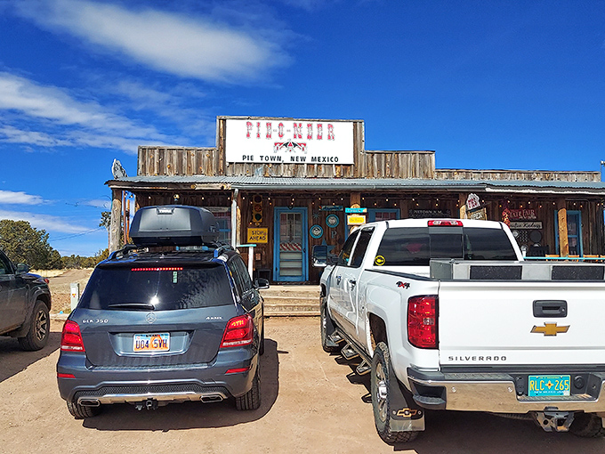 The weathered wooden facade of Pie-O-Neer stands like a delicious mirage in the New Mexico desert, promising sweet salvation to weary travelers.