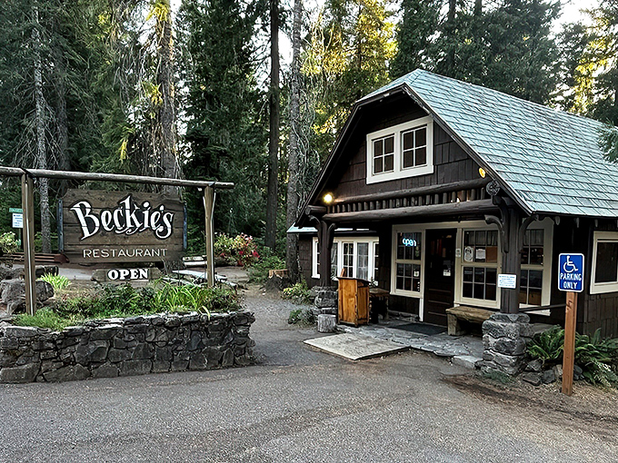 Beckie's rustic cabin exterior looks like it was plucked straight from a fairy tale about comfort food and forest adventures.