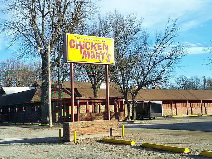 The bright yellow sign beckons like a lighthouse for hungry travelers. Chicken Mary's unpretentious exterior promises what truly matters: legendary fried chicken worth the journey.