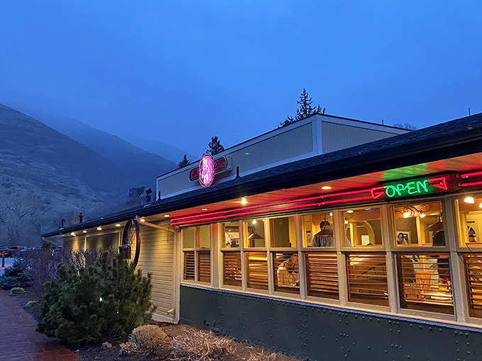 The red brick pathway to culinary paradise. Ruth's Diner nestles against Emigration Canyon's dramatic backdrop like a delicious secret waiting to be discovered.