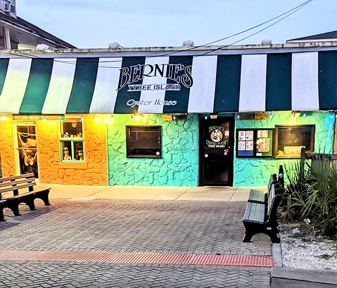 The unmistakable green fa&ccedil;ade of Bernie's with its jaunty striped awning&mdash;like a seafood speakeasy hiding in plain sight on Tybee Island.