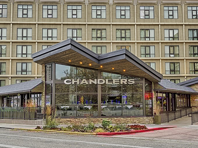 Chandlers' striking modern exterior stands like a beacon of culinary promise against Boise's skyline. The angular entrance practically whispers, "Important food decisions happen here."