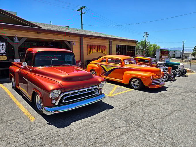 Classic hot rods line up outside Ruby River like a time capsule of American automotive glory. The perfect prelude to the meat-centric feast awaiting inside.