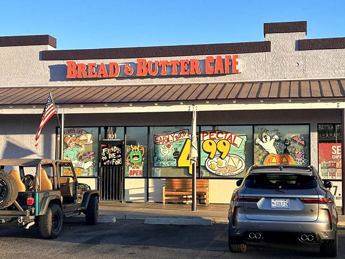 The desert sun casts dramatic shadows on this unassuming strip mall treasure. Like all great diners, Bread & Butter Cafe proves extraordinary food often hides behind ordinary facades.