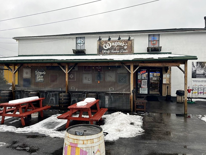 The unassuming exterior of Wagner's Pharmacy hides a century of racing history and breakfast perfection just steps from Churchill Downs.