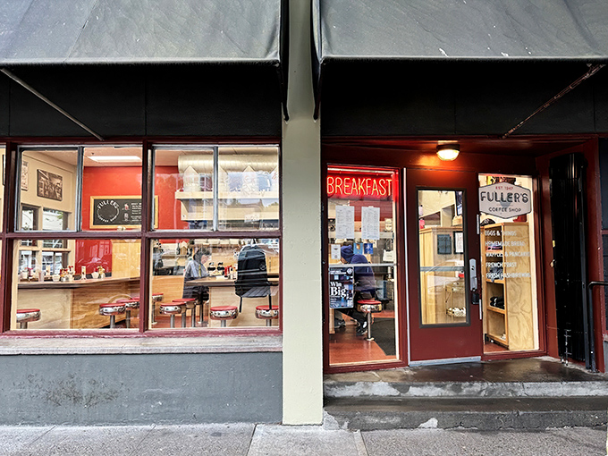 Fuller's iconic storefront beckons hungry Portlanders with its vintage neon "BREAKFAST" sign—a beacon of hope for morning hunger emergencies.