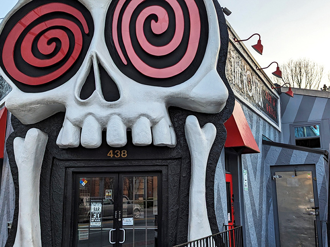 The skull entrance isn't subtle marketing&mdash;it's an architectural dare that screams, "Enter if you're brave enough for our burgers!" Pure Atlanta audacity.