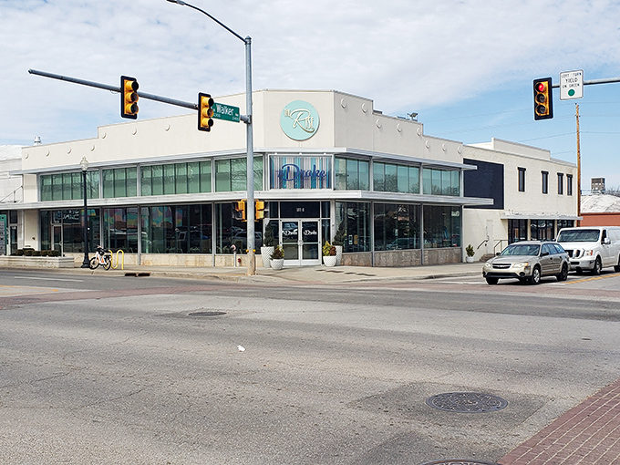 The Drake's sleek Art Deco exterior stands proudly at the corner of NW 23rd and Walker, a beacon of culinary sophistication in Oklahoma City's Uptown district.