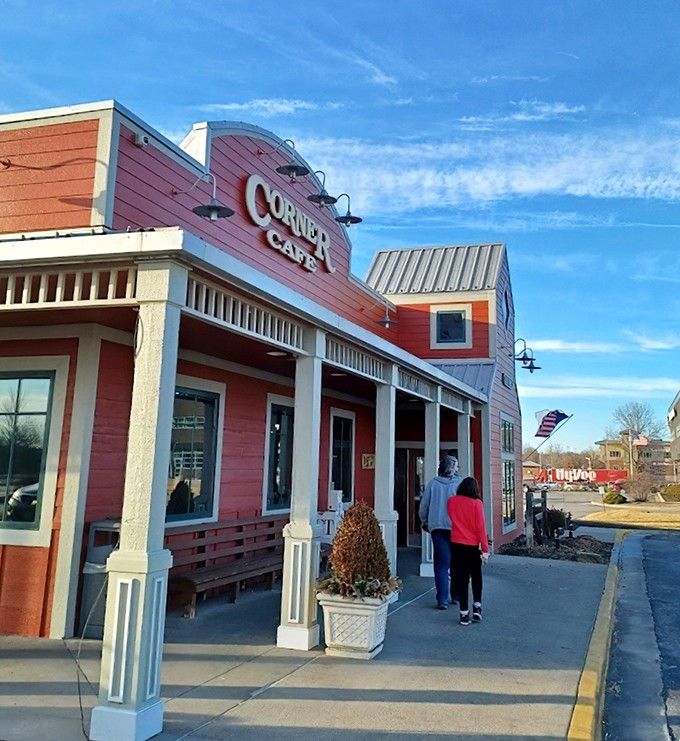 The iconic red barn exterior of Corner Cafe beckons hungry travelers like a lighthouse for growling stomachs on the Missouri prairie. 
