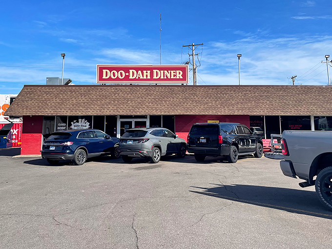 The red exterior of Doo-Dah Diner stands like a beacon of breakfast hope in Wichita. No fancy frills, just the promise of comfort food glory within.