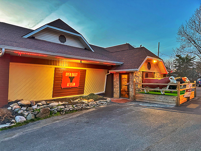 Those cow statues aren't just decoration&mdash;they're greeters, bouncers, and a promise of what awaits inside Bynum's rustic stone-and-wood exterior.