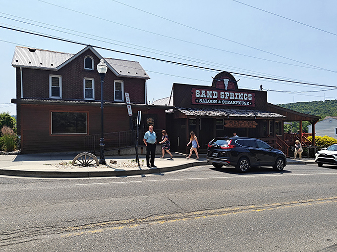 The Wild West meets Western Maryland at Sand Springs' rustic exterior, where that wooden porch practically whispers, "Come on in, partner."