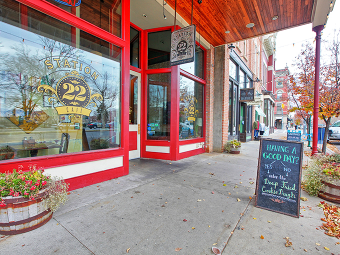 Station 22's vibrant red-trimmed exterior isn't just inviting&mdash;it's practically winking at you with that cheeky sidewalk sign promising deep-fried cookie dough salvation.