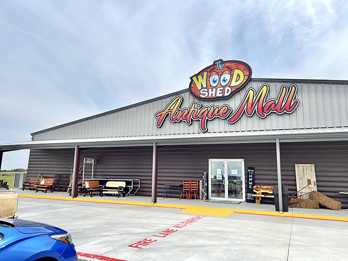 The Woodshed Antique Mall makes quite the first impression with its vibrant signage promising adventures in vintage shopping. Modern meets nostalgic with EV charging available for time travelers.